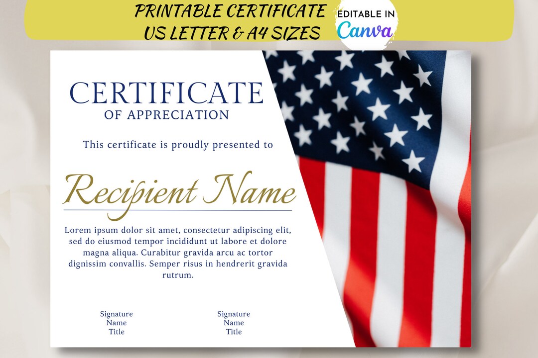 Editable American Flag Appreciation Certificate USA - Etsy