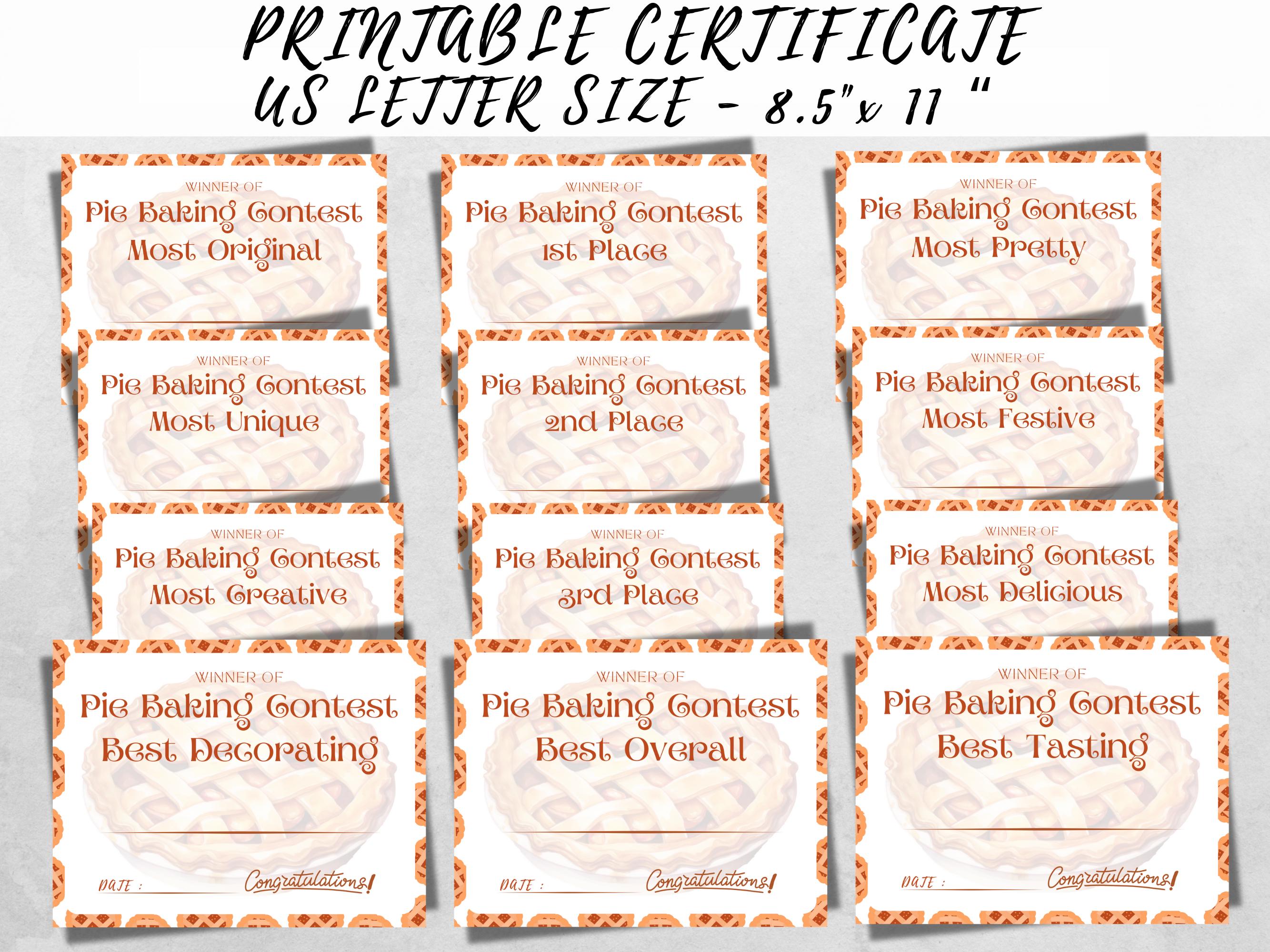 Pie Baking Contest Award Certificate Printable (PDF) - Etsy
