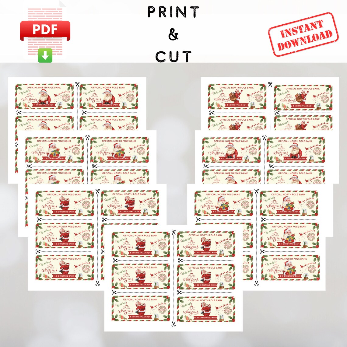 Printable Christmas Reward Bucks for Kids, North Pole Bank Dollar Play ...