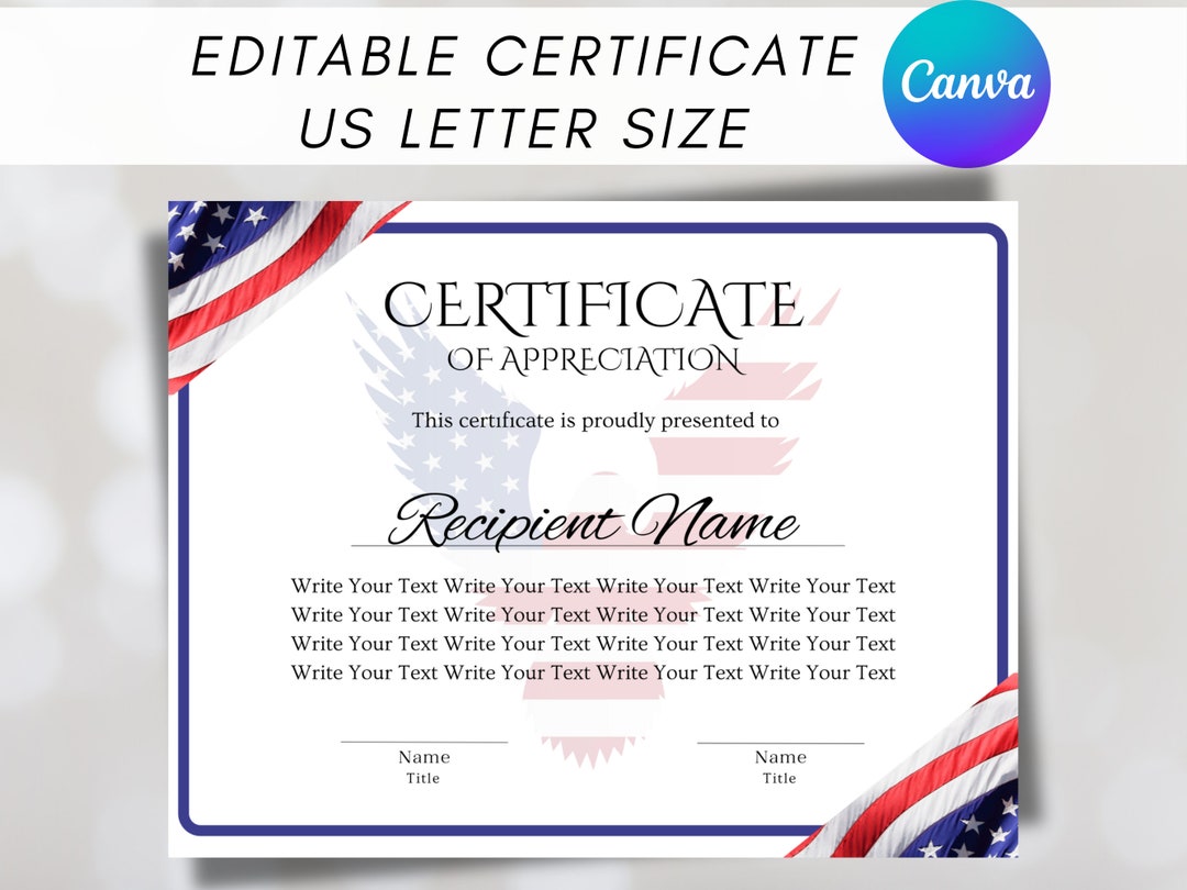 Editable American Flag Appreciation Certificate, USA Veteran's ...