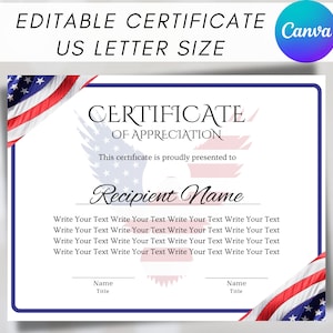 Editable American Flag Appreciation Certificate, USA Veteran's ...