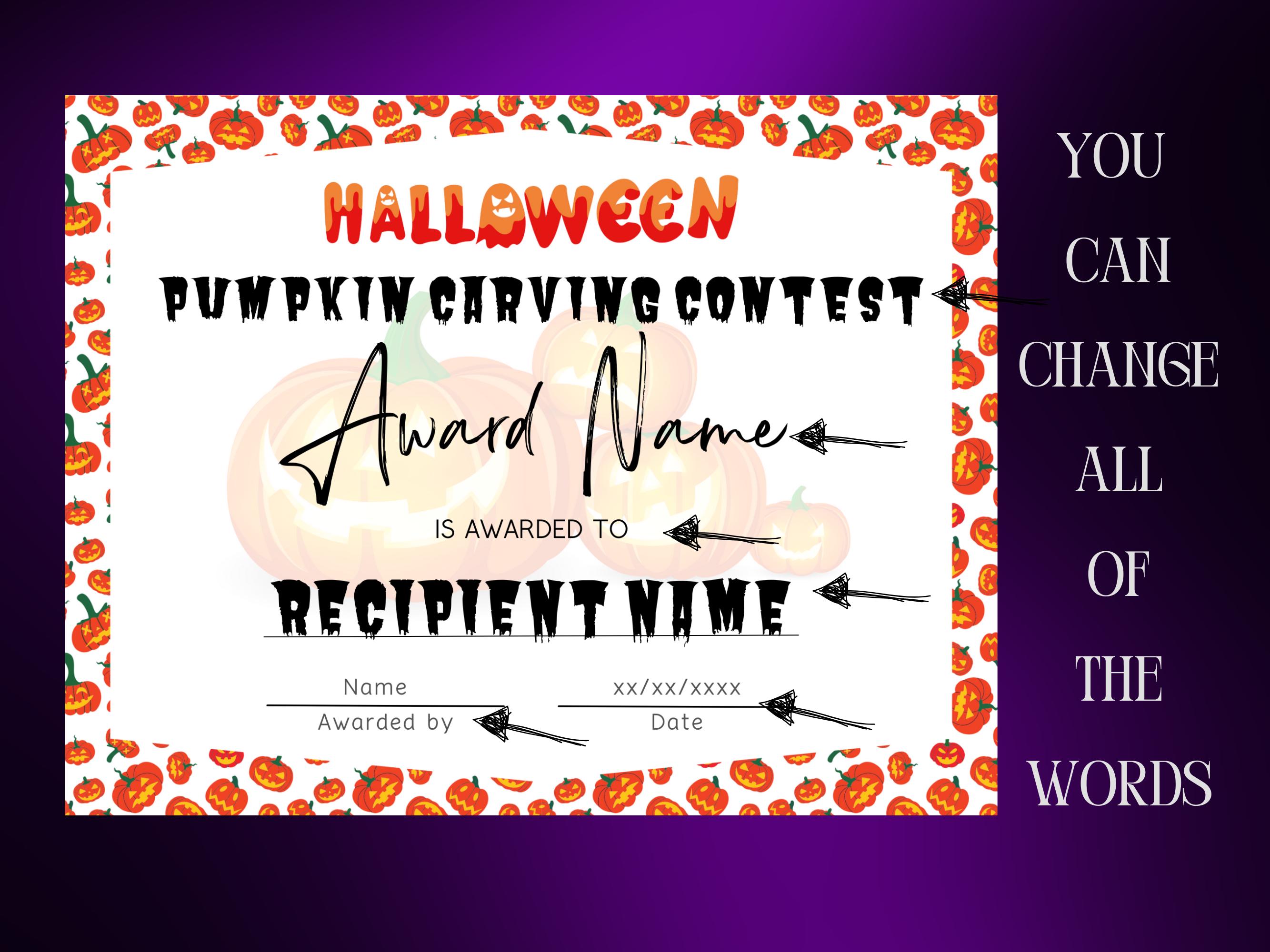 Editable Pumpkin Carving Contest Award Certificate Template, Halloween ...