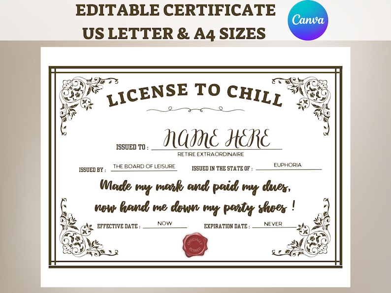 License to Chill Retirement Certificate, Funny Gag Gift (digital ...