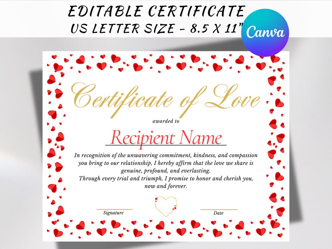 Editable Certificate of Love, Declaration of Love Appreciation Award ...