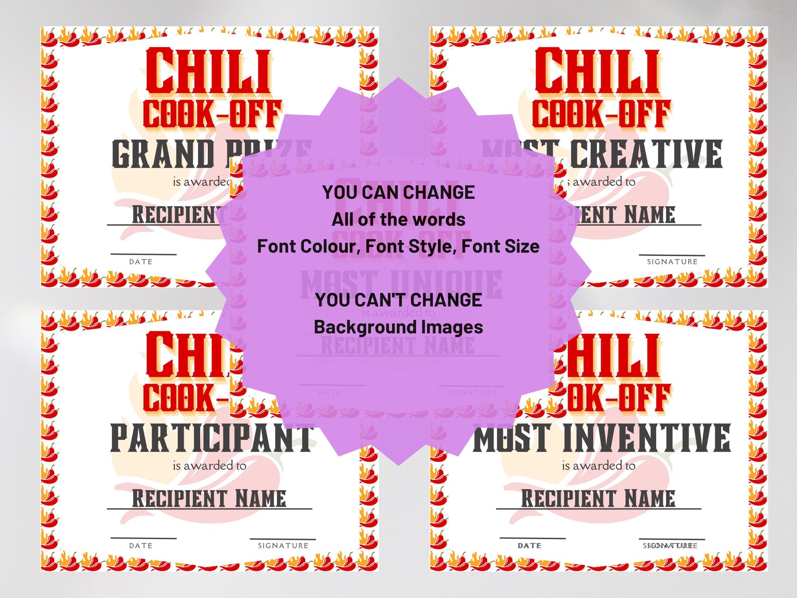 Editable Chili Cook off Award Certificate Template, Chili Contest ...