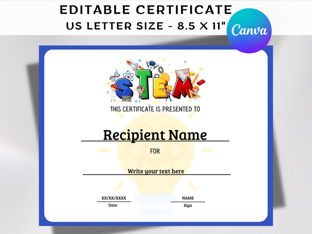 Editable STEM Certificate Template, Kids Award, Printable (canva) - Etsy