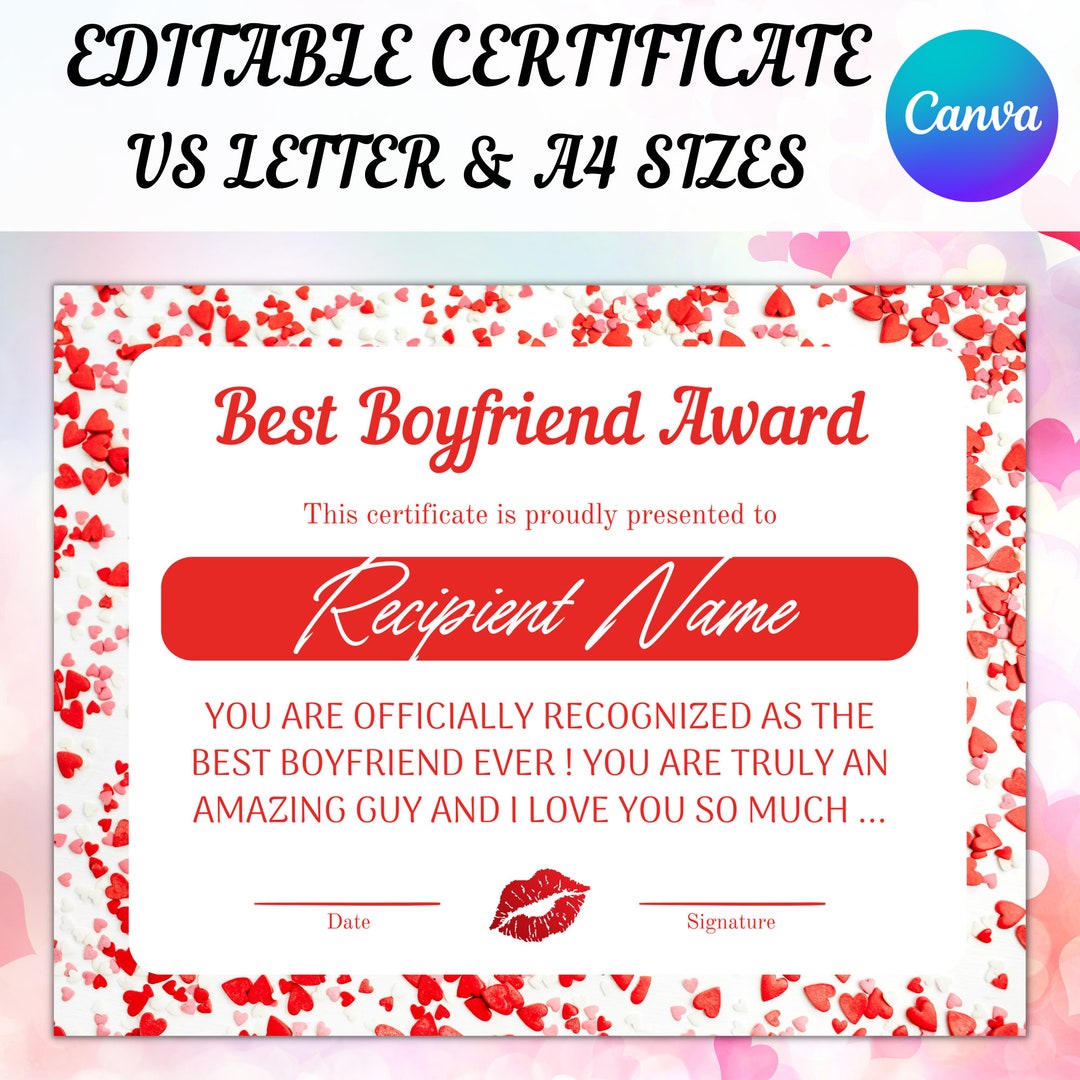 Editable Best Boyfriend Award Certificate Template, Valentines Day Best ...