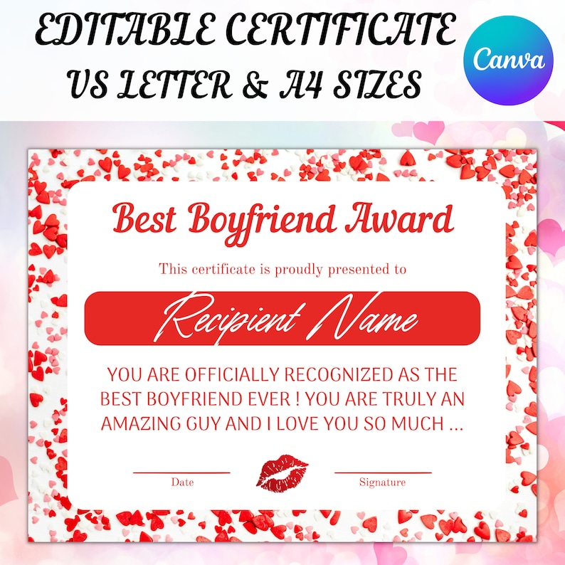 Editable Best Boyfriend Award Certificate Template, Valentines Day Best ...
