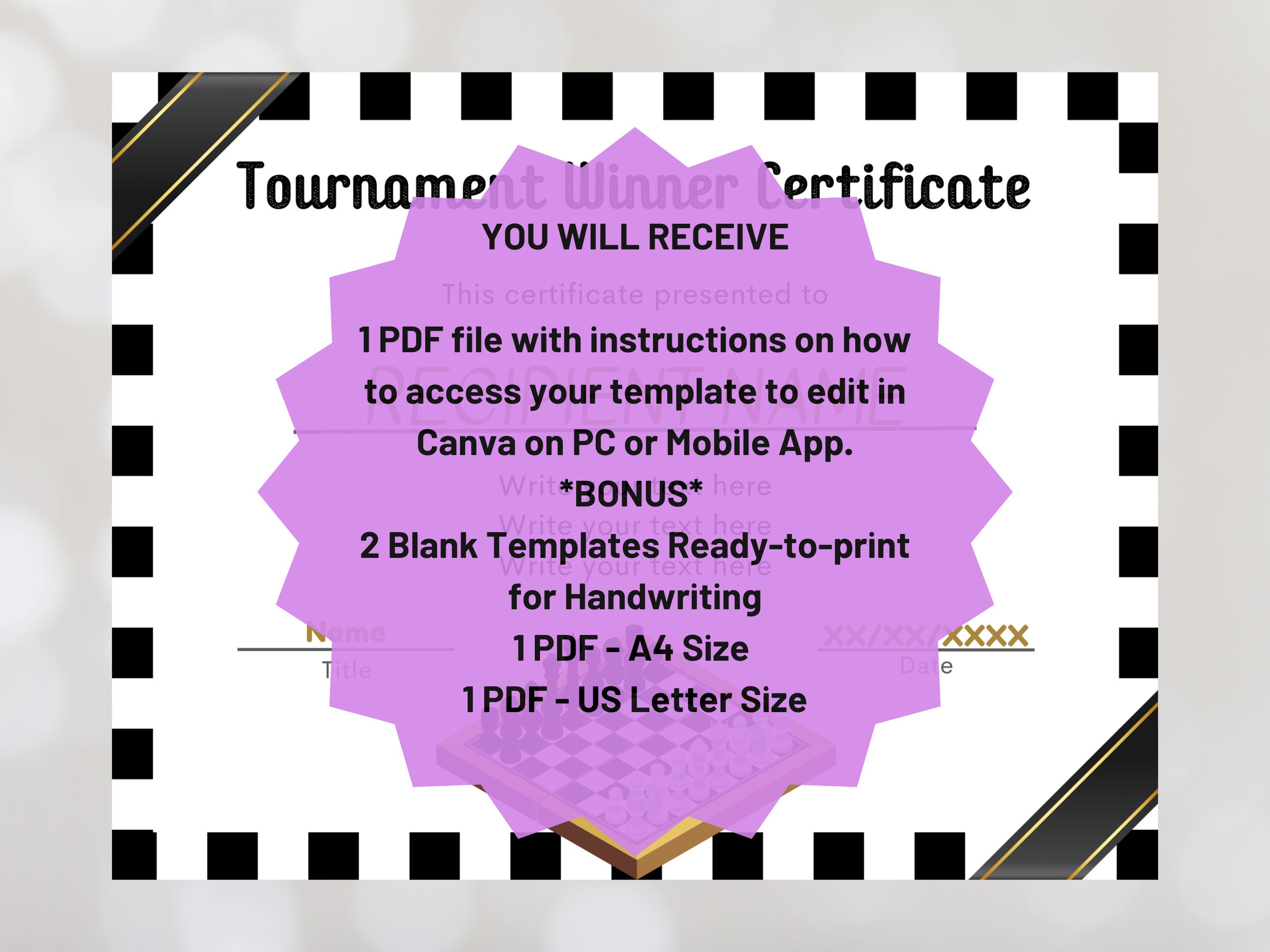 Editable Chess Tournament Winner Award Certificate, Chess Appreciation ...