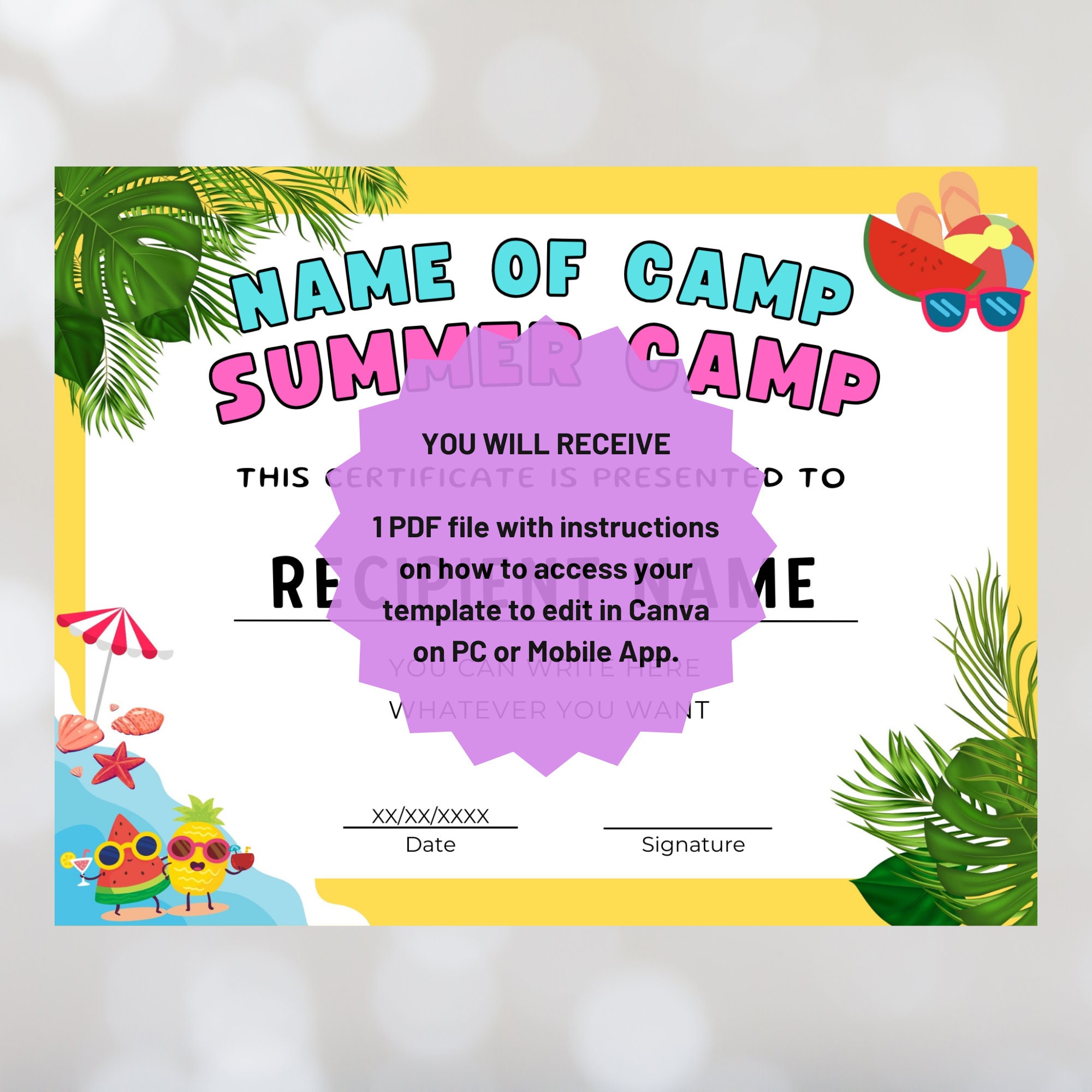 Editable Summer Camp Certificate Template, Canva (digital Download) - Etsy