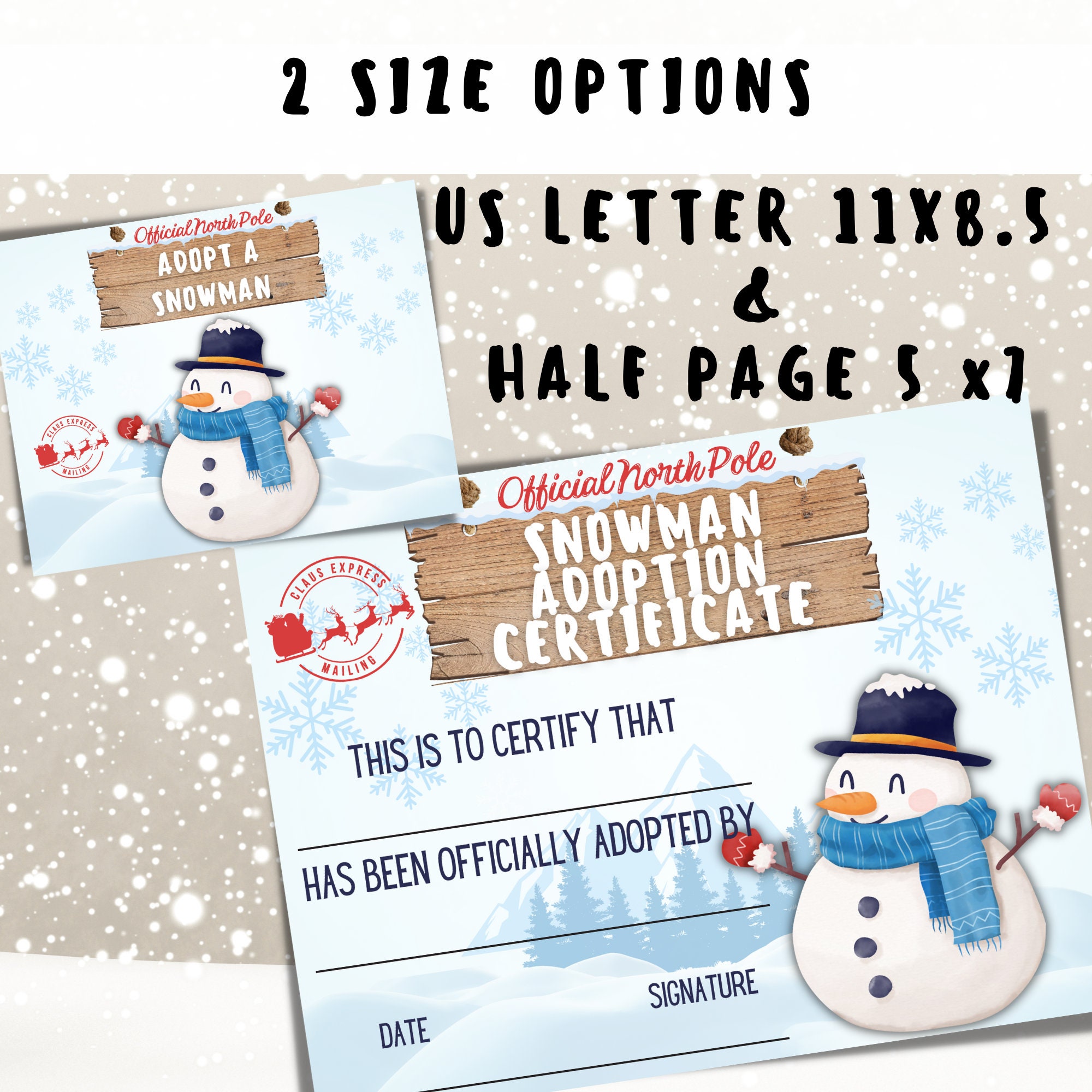 Snowman Adoption Certificate & Sign, Adopt a Snowman, Christmas Holiday ...