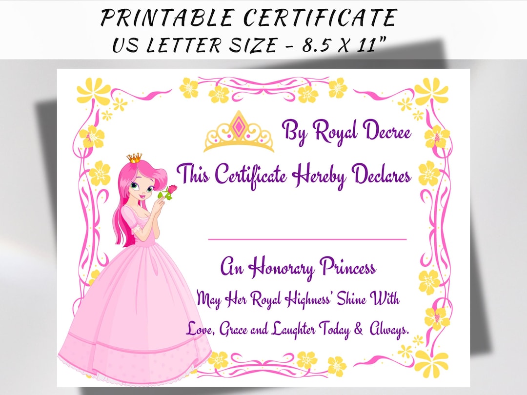 Princess Certificate Printable, Royal Princess Award, Personalize Your ...