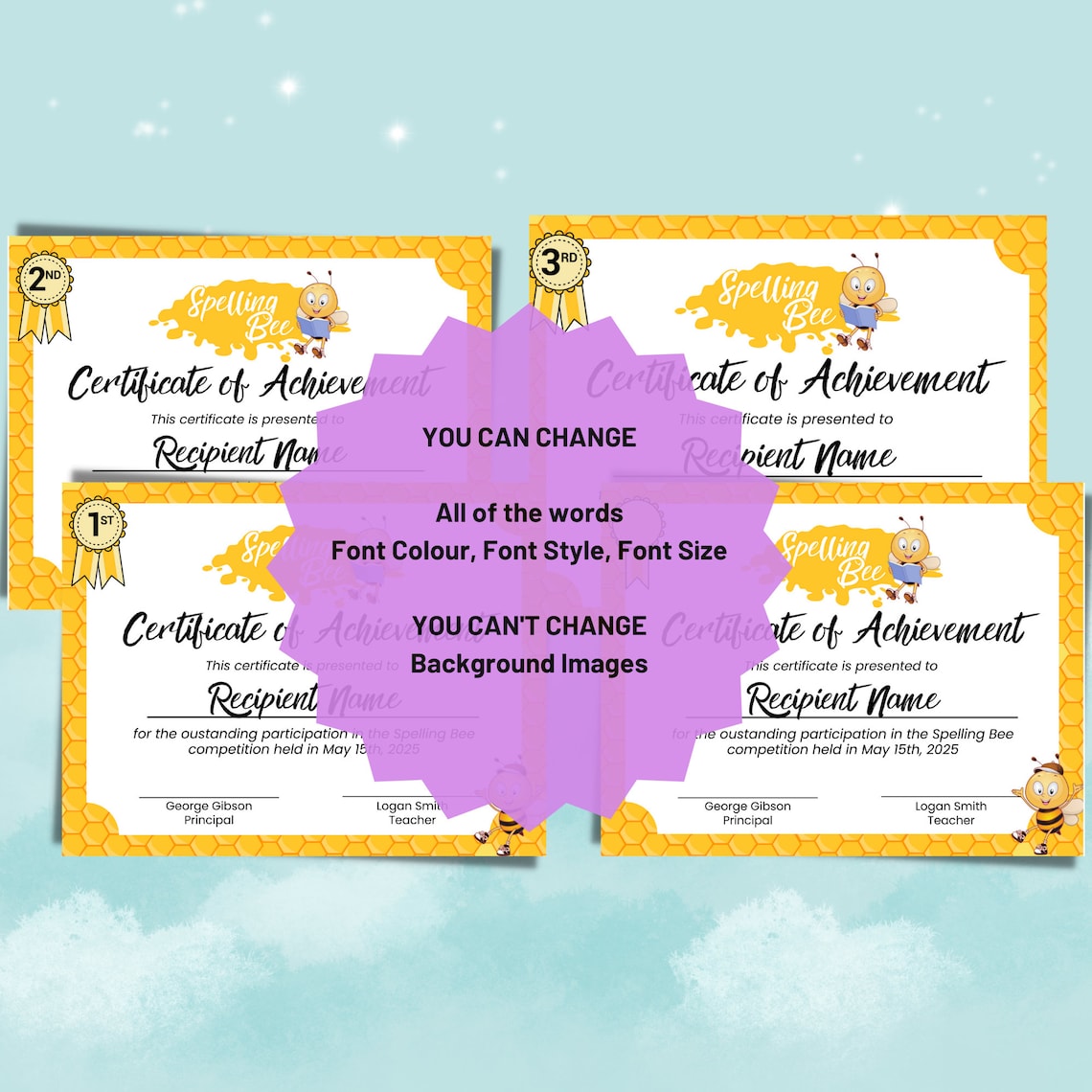 Editable Spelling Bee Certificate Template, Spelling Participant Award ...