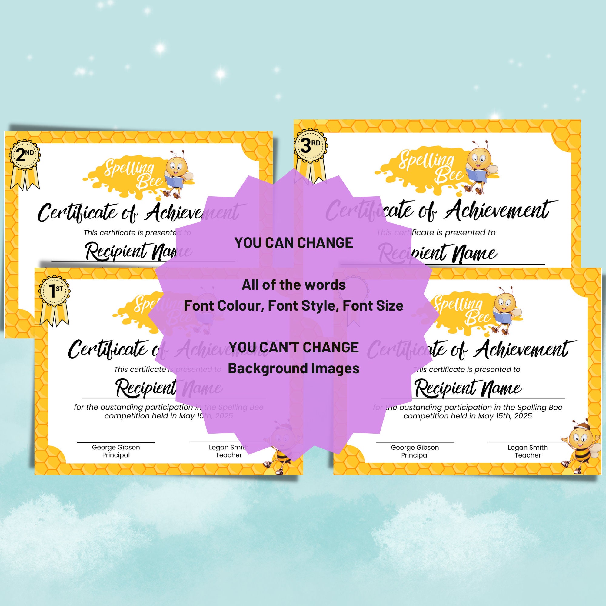 Editable Spelling Bee Certificate Template, Canva Award (digital ...