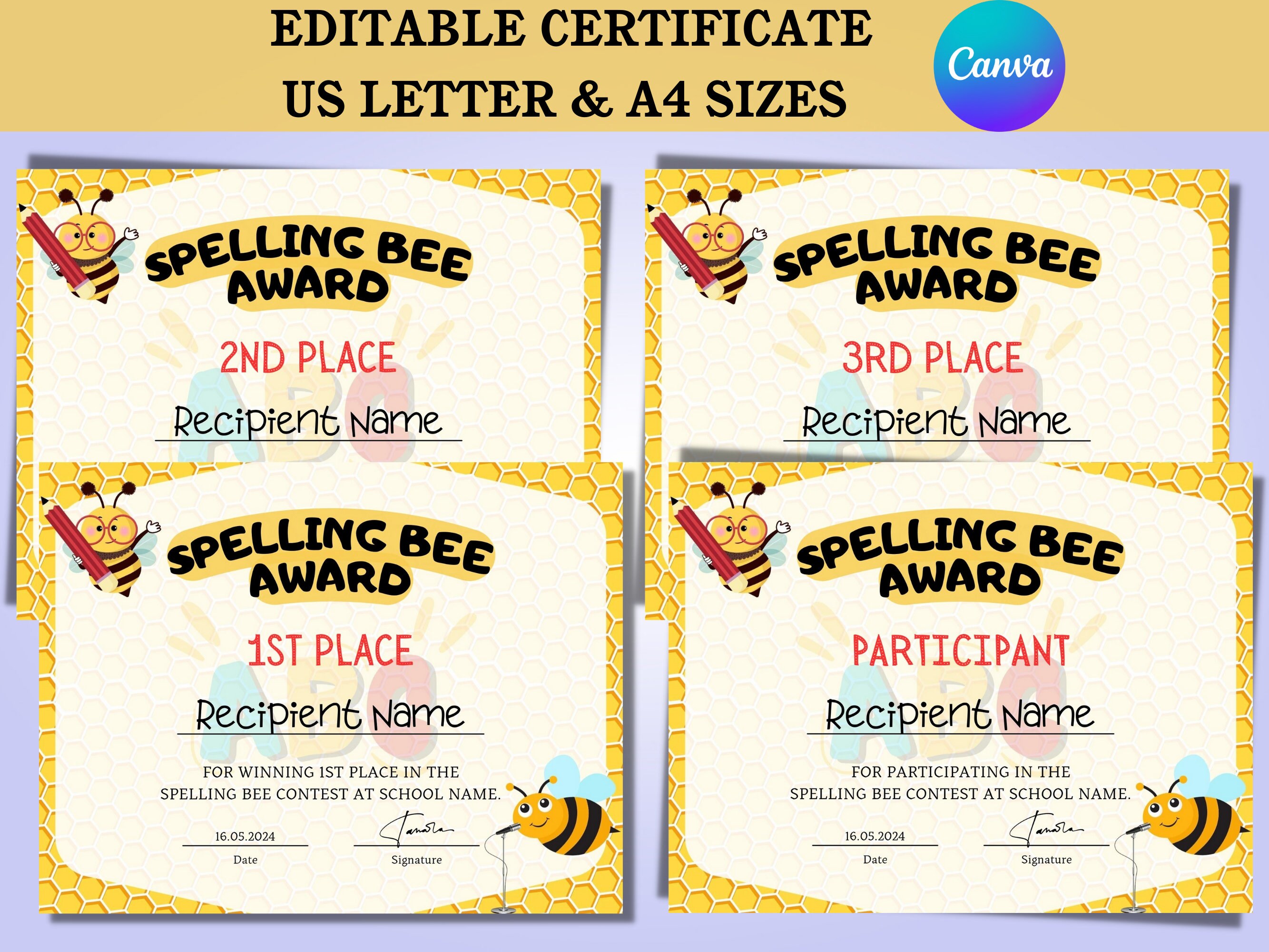 Editable Spelling Bee Certificate Template, Spelling Participant Award ...