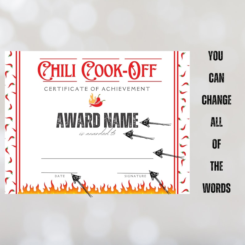 Editable Chili Cook off Award Certificate Template, Chili Contest ...