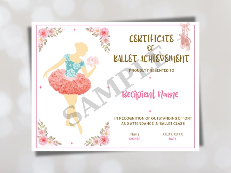 Ballet Class Certificate of Achievement Floral Editable Template ...