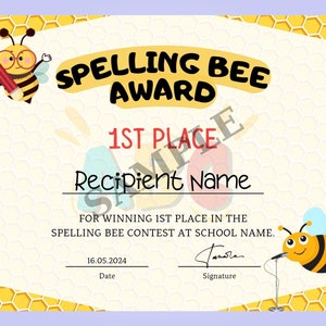 Editable Spelling Bee Certificate Template, School Award (canva ...