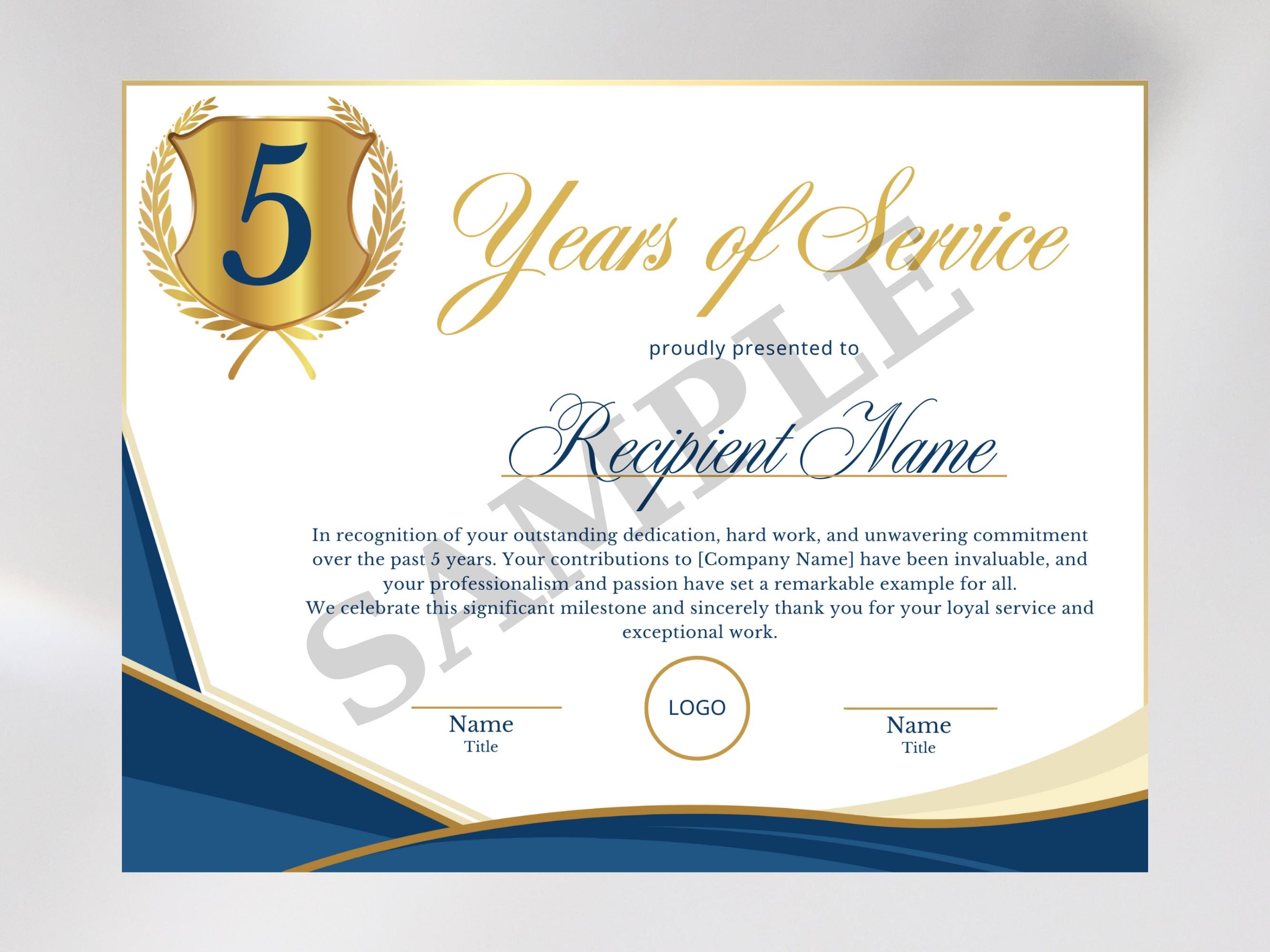Editable Years of Service Award Certificate, Staff Recognition (canva ...