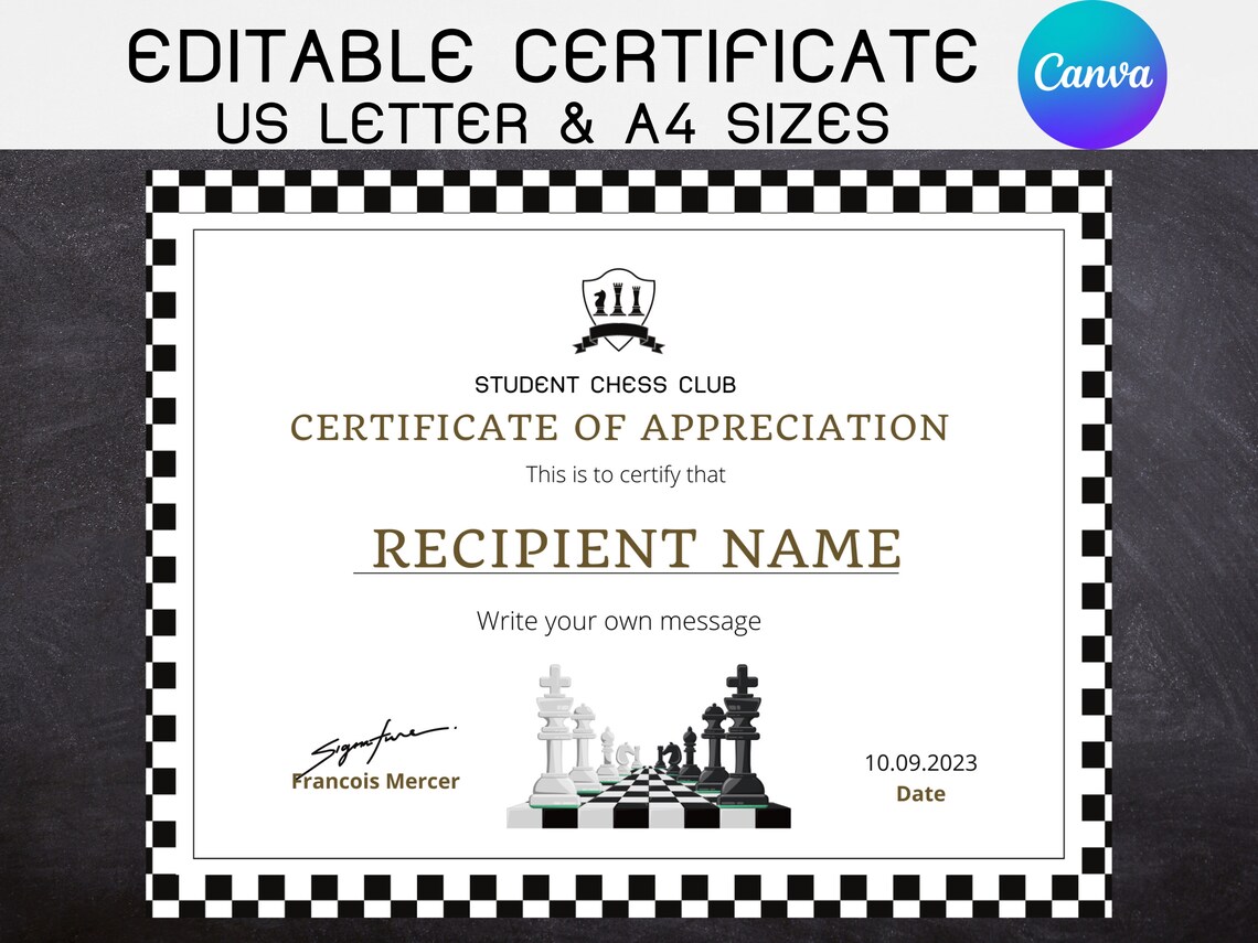 Editable Chess Tournament Award Certificate, Appreciation Template (PDF ...