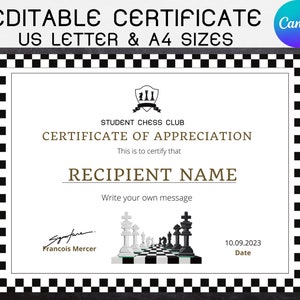 Editable Chess Tournament Award Certificate, Appreciation Template (PDF ...
