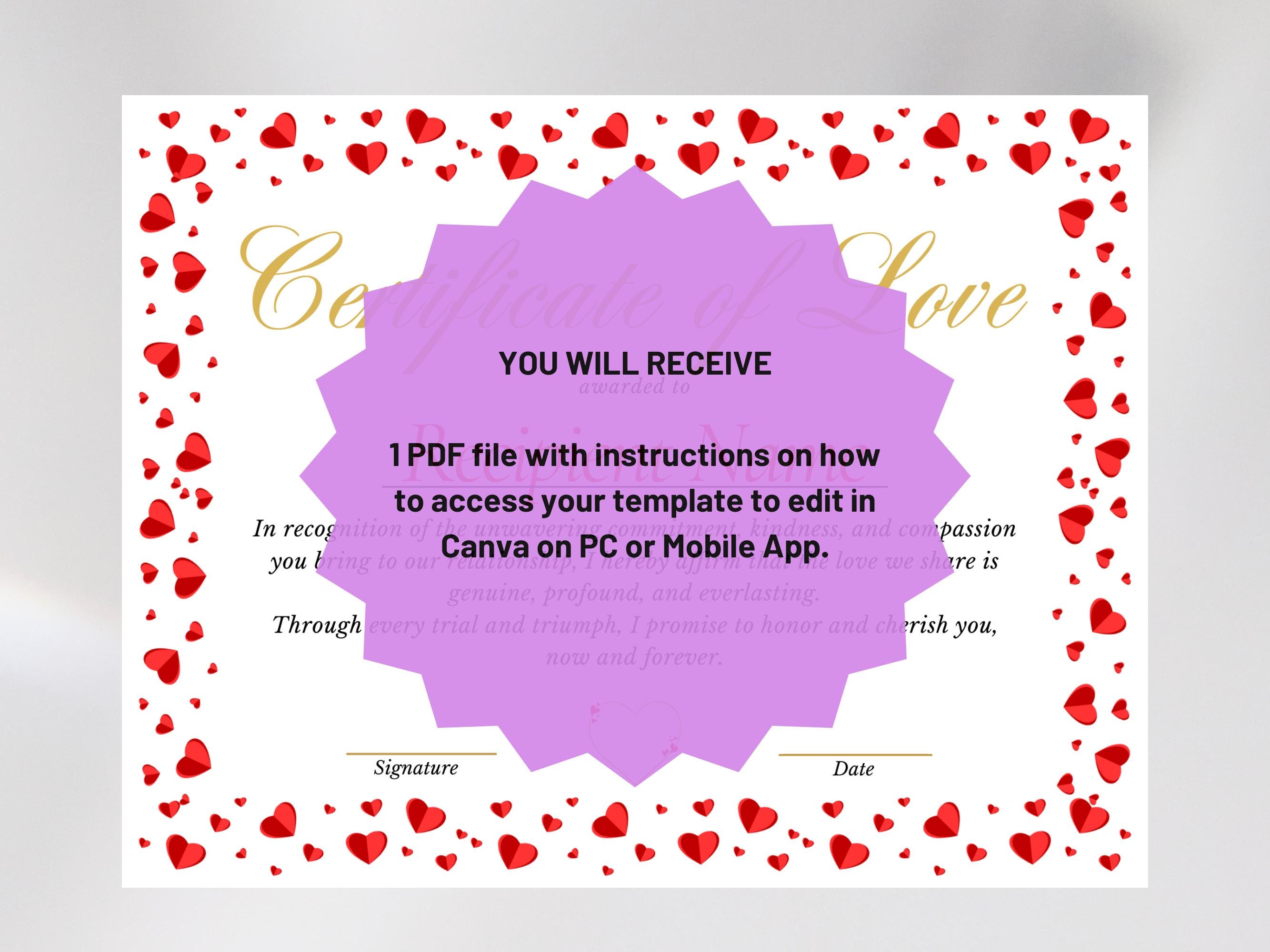 Editable Certificate of Love, Appreciation Award (PDF) - Etsy