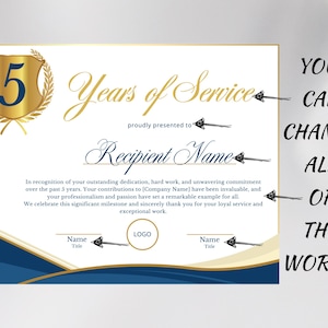 Editable Years of Service Award Certificate, Staff Recognition (canva ...