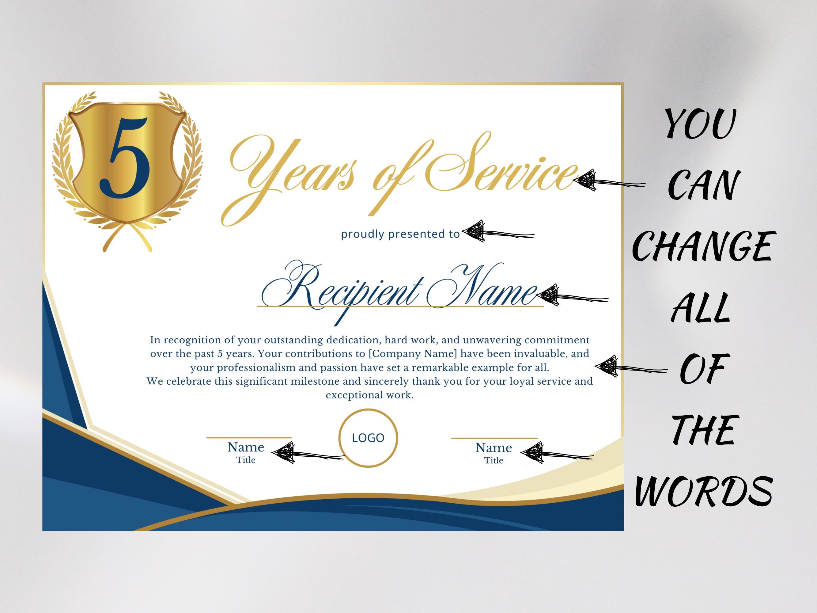Editable Years of Service Award Certificate, Staff Recognition (canva ...