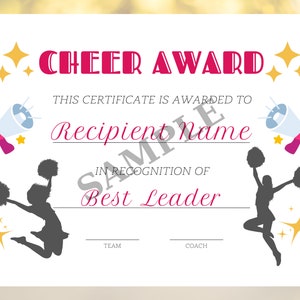 Customizable Cheerleader Award Certificate, Cheer Squad Award ...