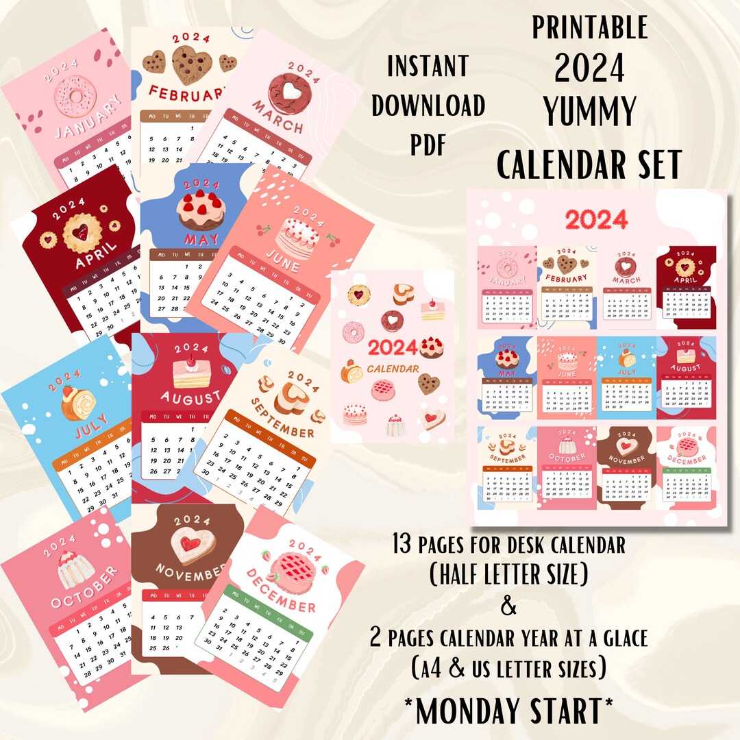 2024 Printable Calendar Set, Desk Calendar and Year at a Glance Wall ...