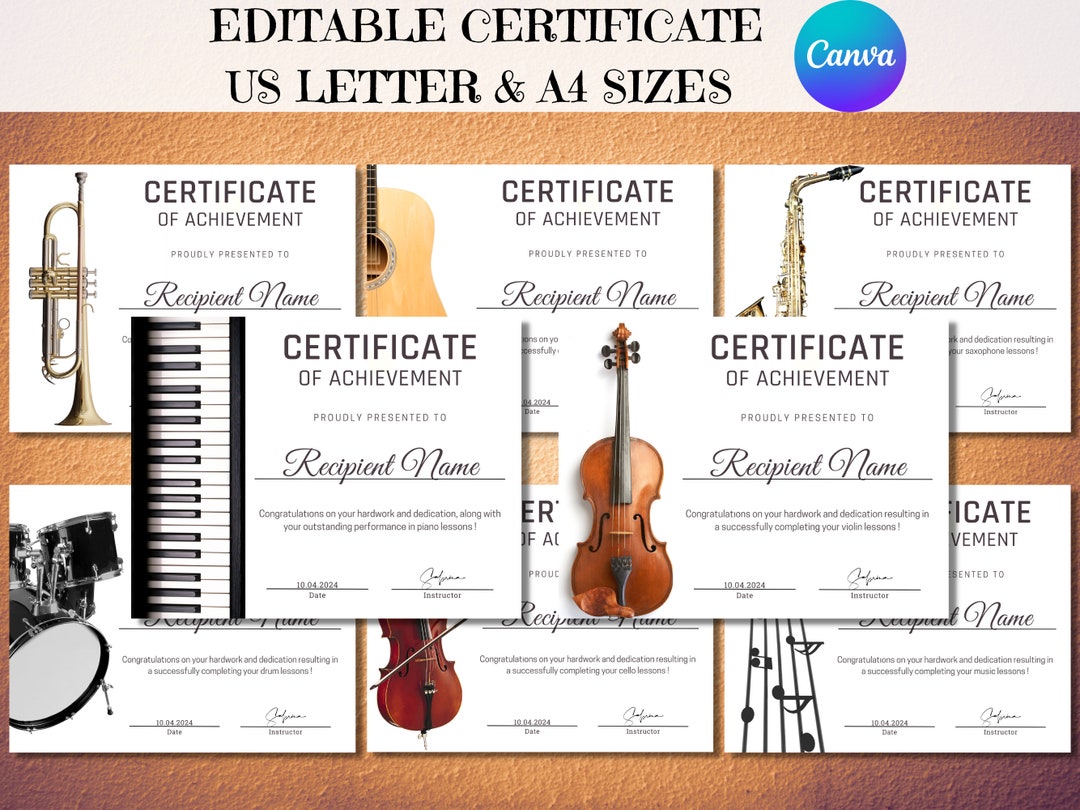 Music Instruments Achievement Award Certificate Bundle Editable ...