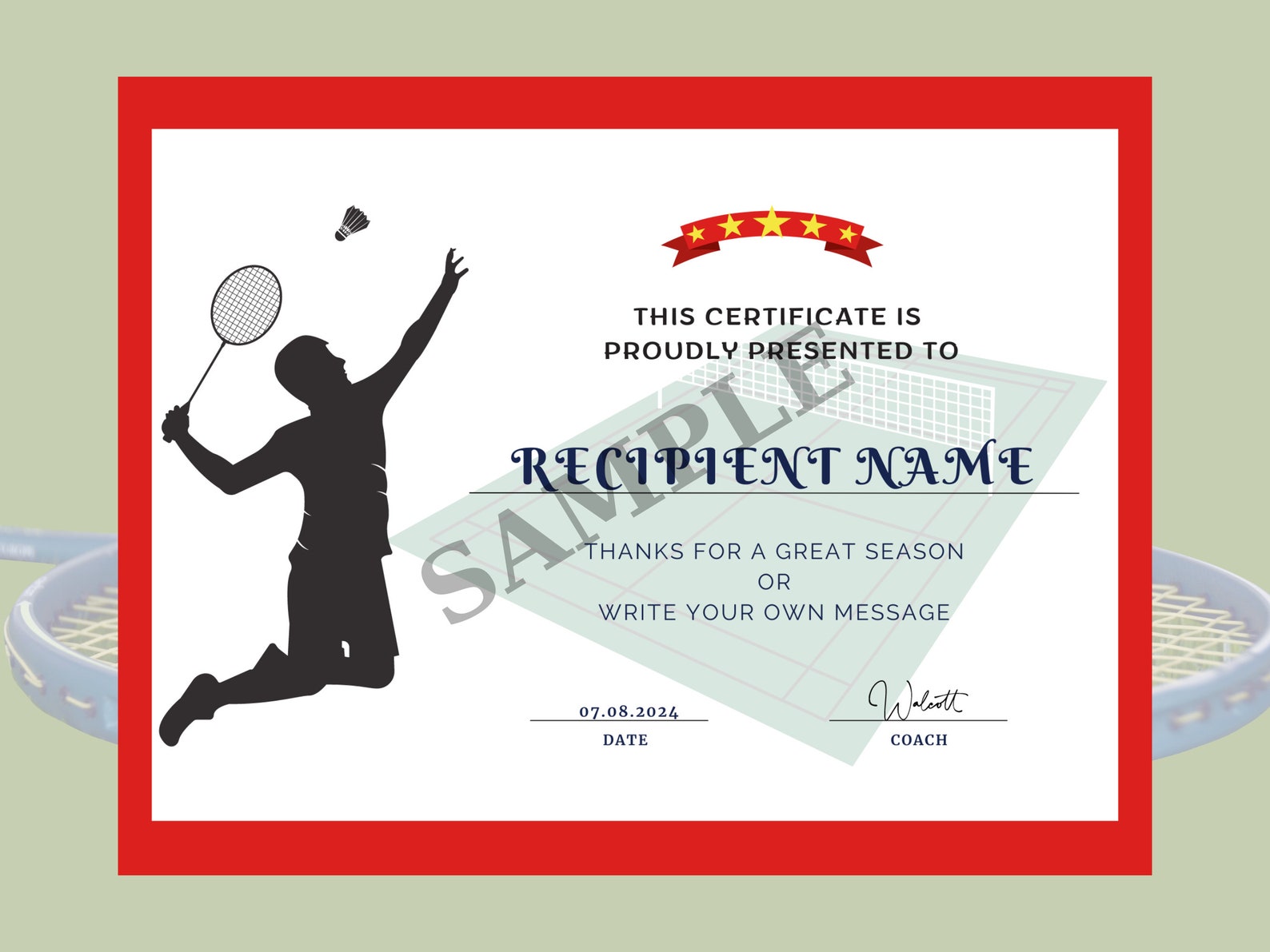 Badminton Player Award Certificate Editable Template, Printable Sports Participation Recognition ...