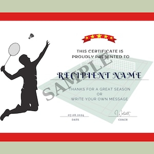 Badminton Player Award Certificate Editable Template, Printable Sports ...