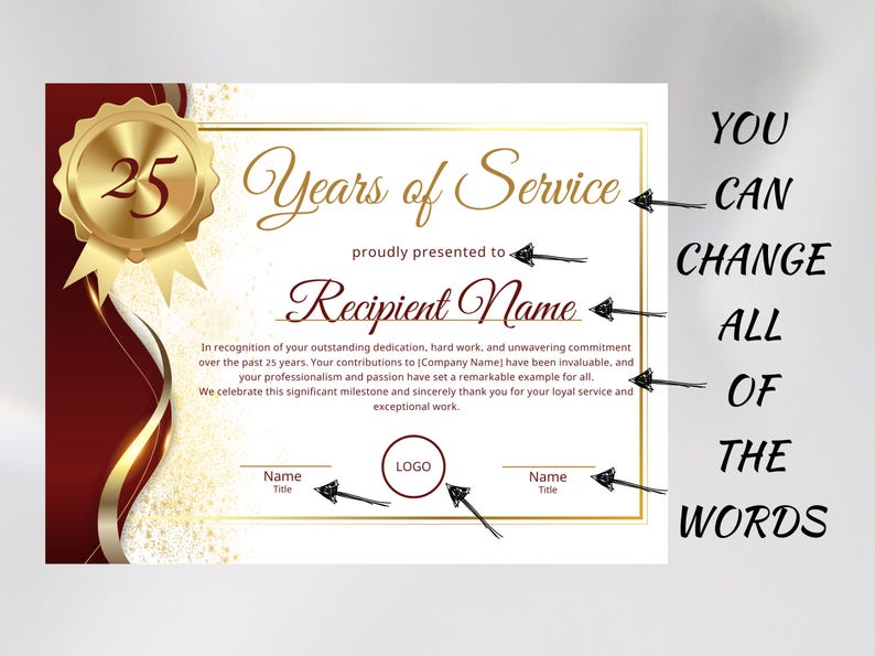 Editable Years of Service Award Certificate, Retirement, Staff ...