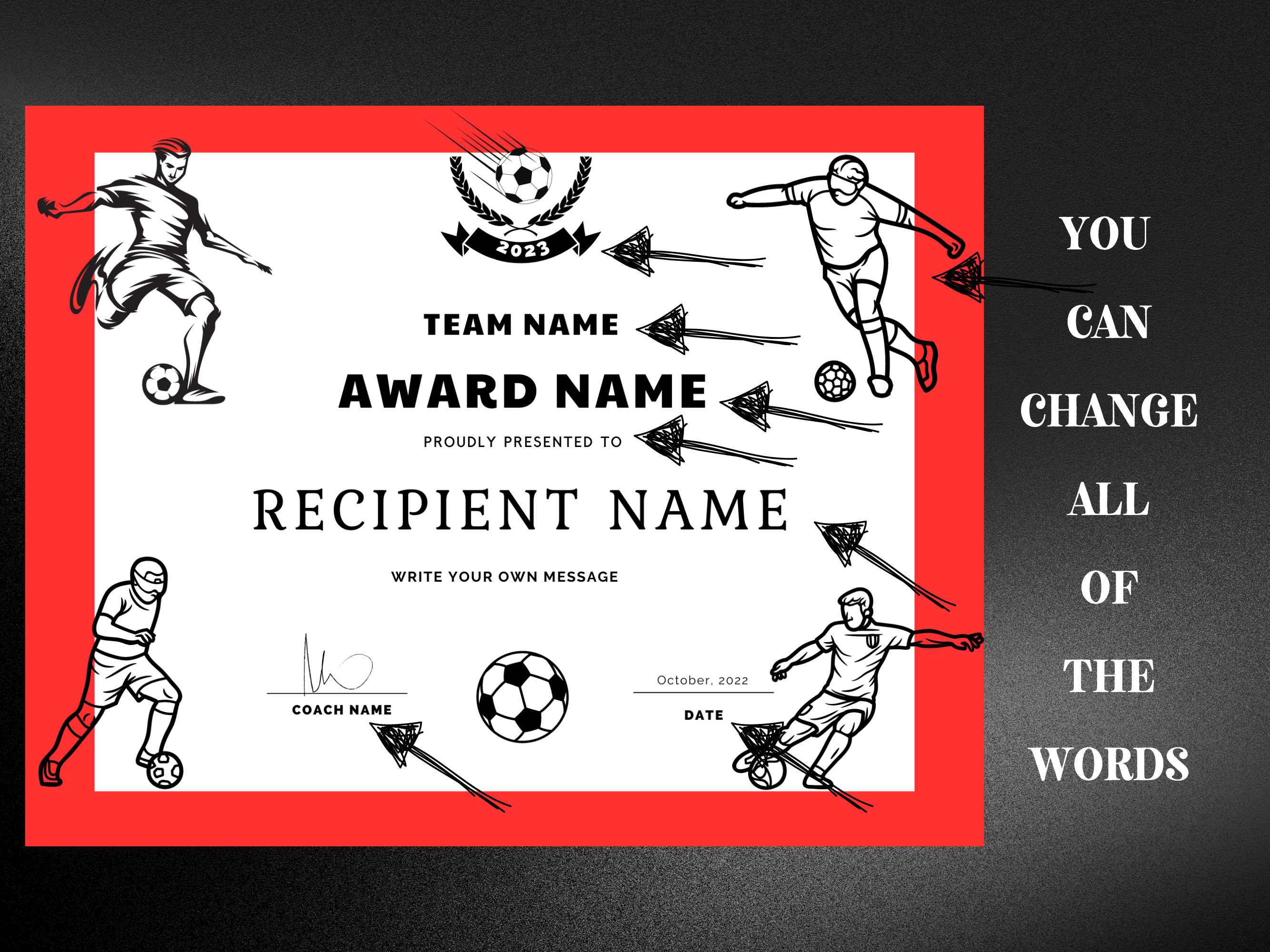 Editable Sports Award Certificate Template, Team Player Recognition ...