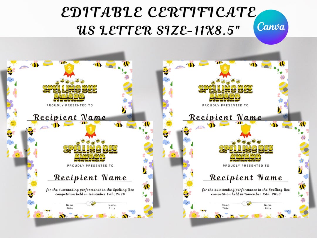 Editable Spelling Bee Certificate Template, Canva Award (digital ...