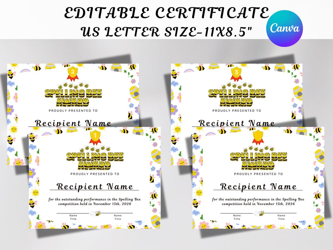 Editable Spelling Bee Certificate Template, Spelling Participant Award ...