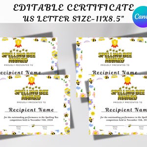 Editable Spelling Bee Certificate Template, Canva Award (digital ...