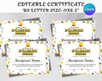 Editable Spelling Bee Certificates School Award Template (canva) - Etsy