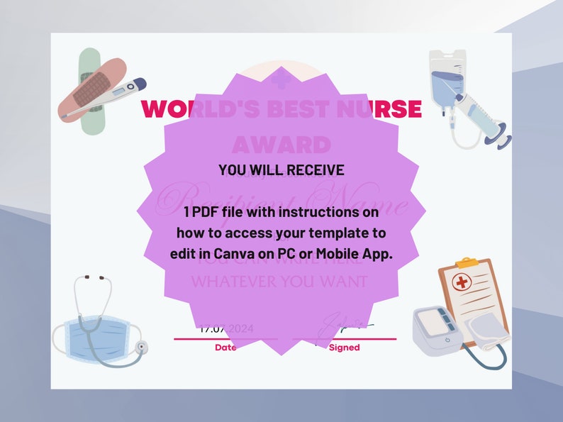Editable Nurse Award Certificate Template, Printable Gift (digital ...