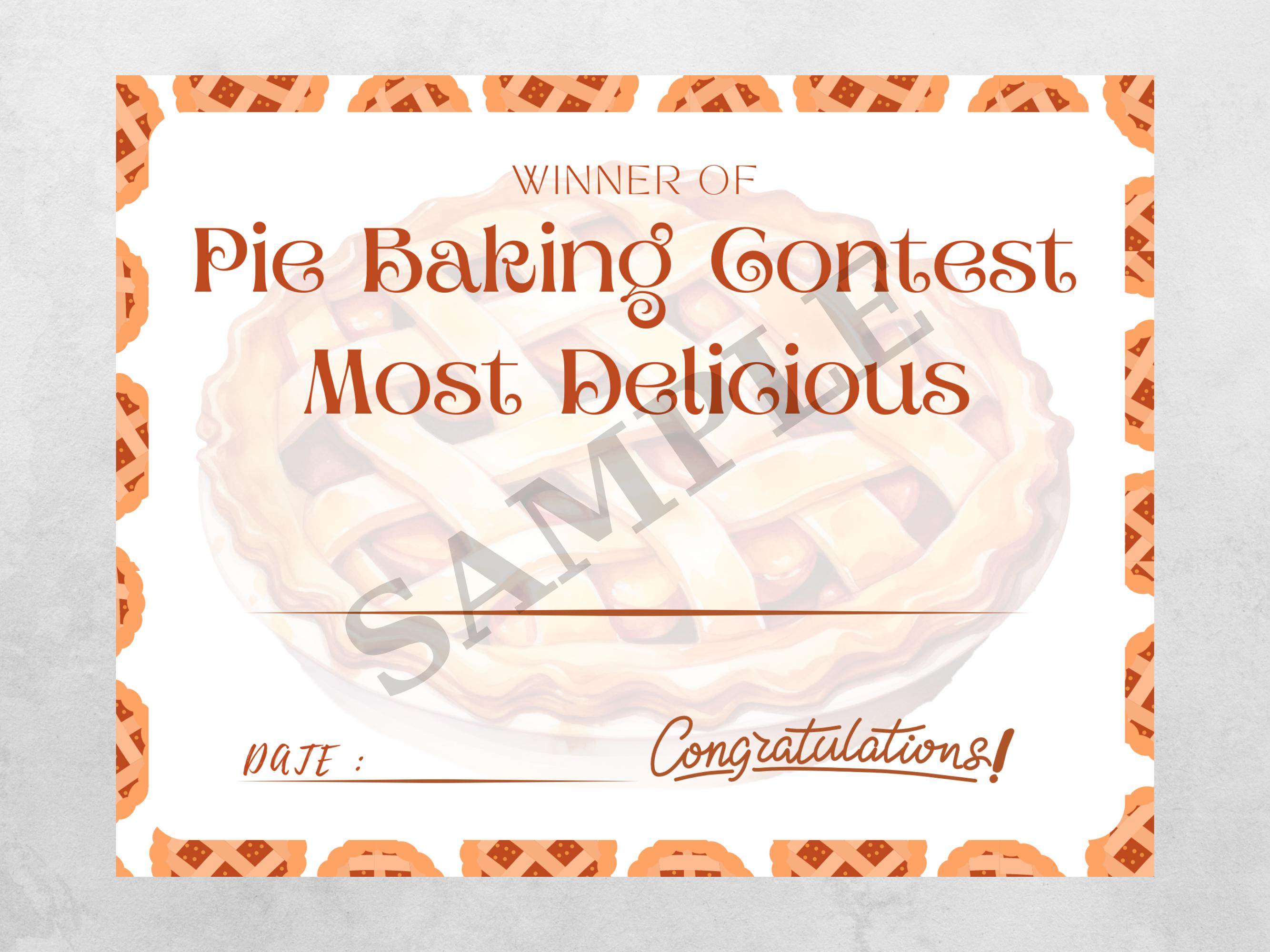 Pie Baking Contest Award Certificate Printable (PDF) - Etsy