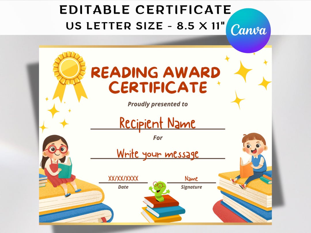 Editable Reading Award Certificate Template, Kids Classroom (digital ...