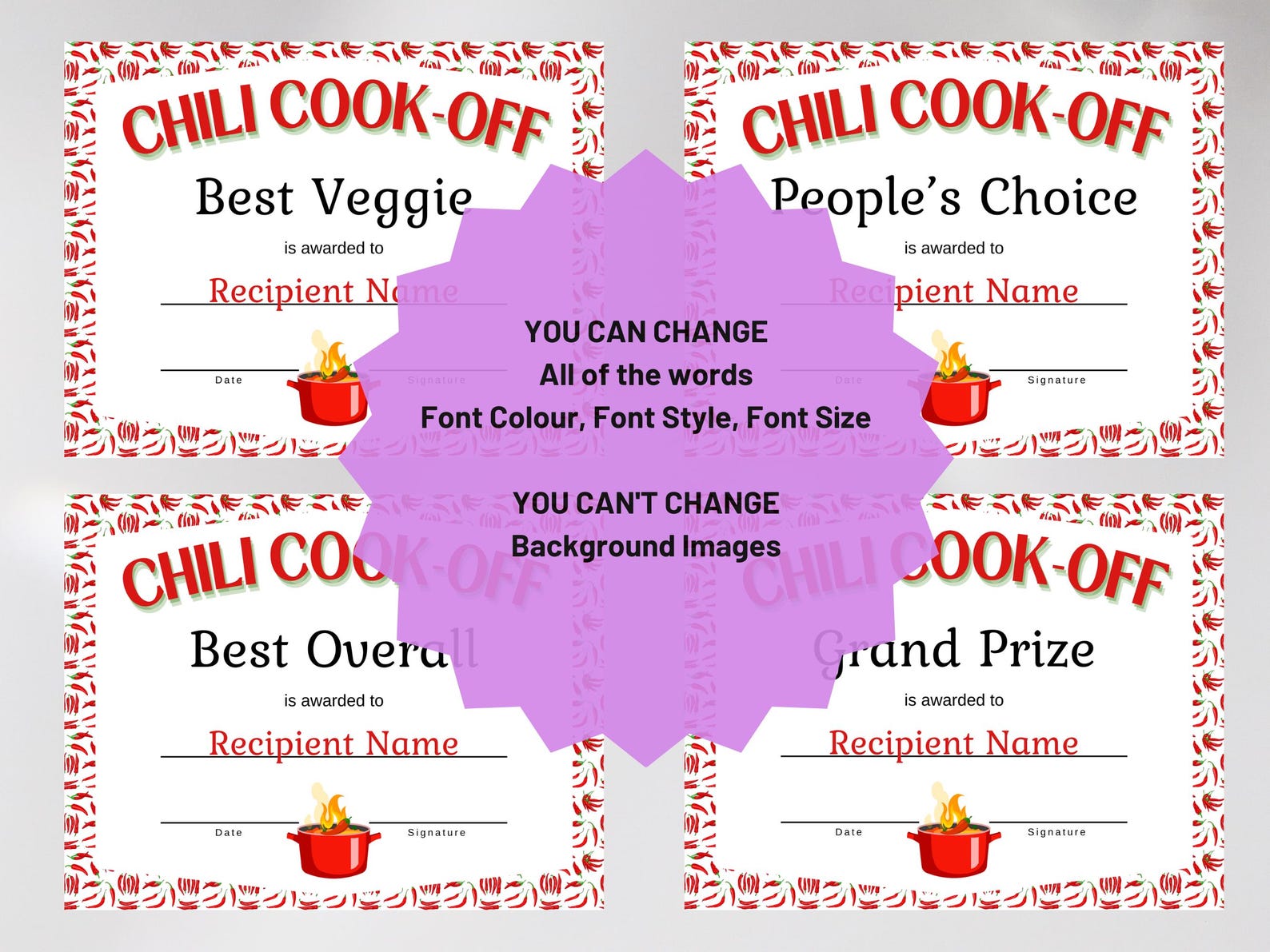 Editable Chili Cook off Award Certificate Template, Chili Contest ...