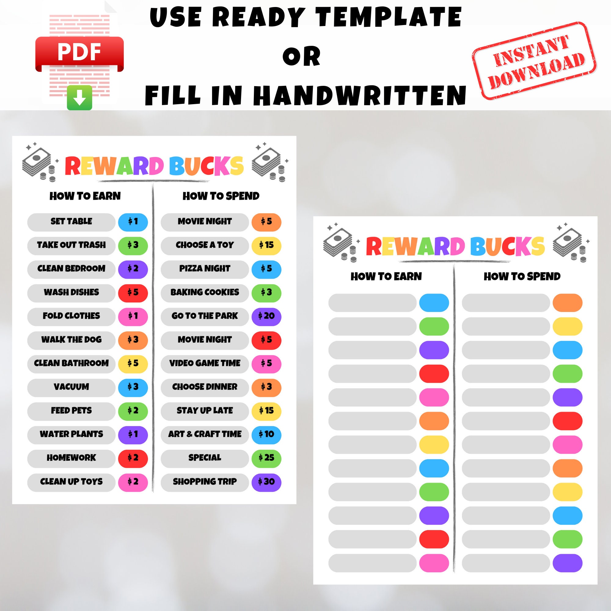 Printable Kids Reward Chart With Reward Bucks Reward Bucks - Etsy