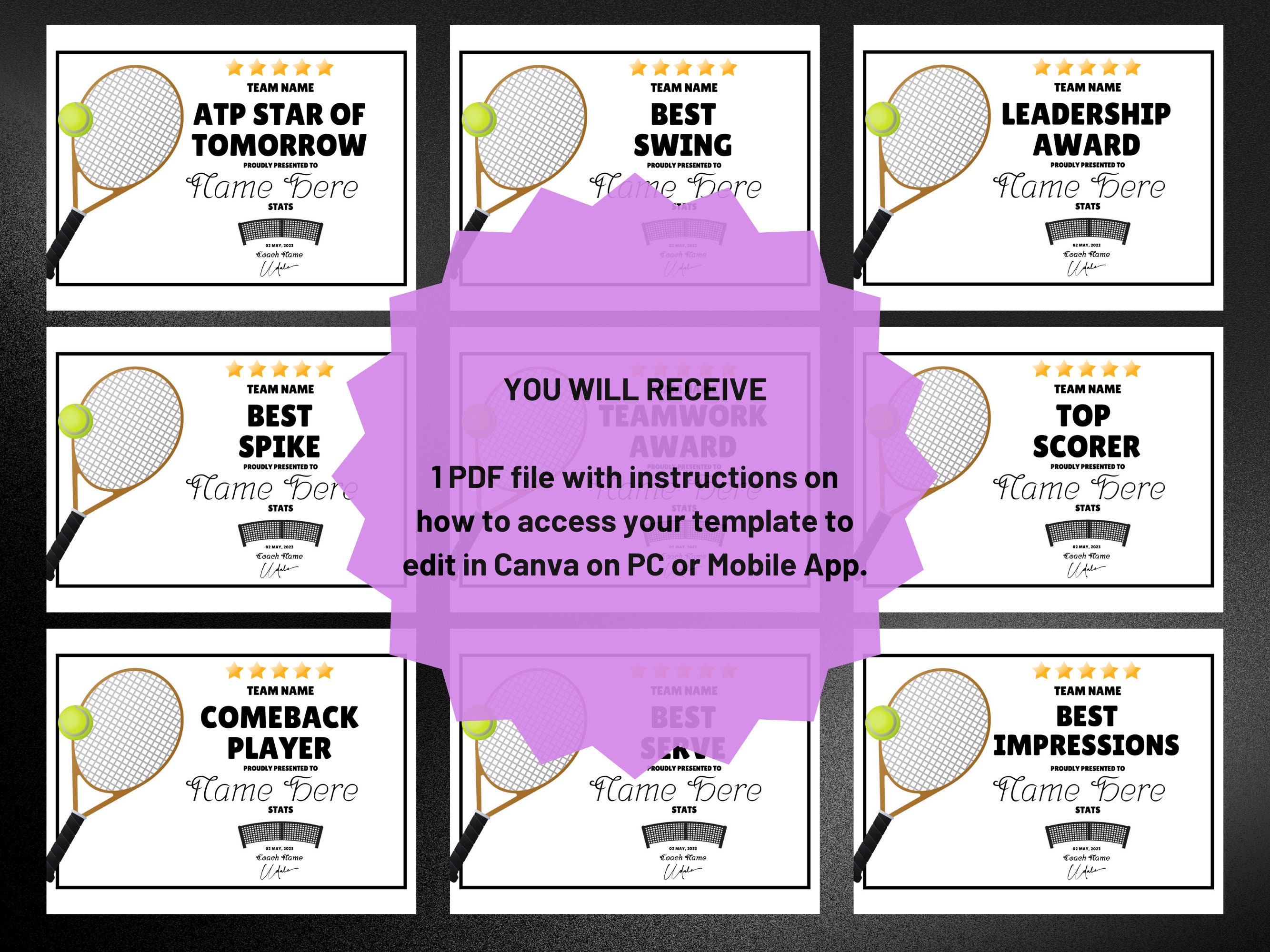 Editable Tennis Award Certificate Template, Customizable Design for ...