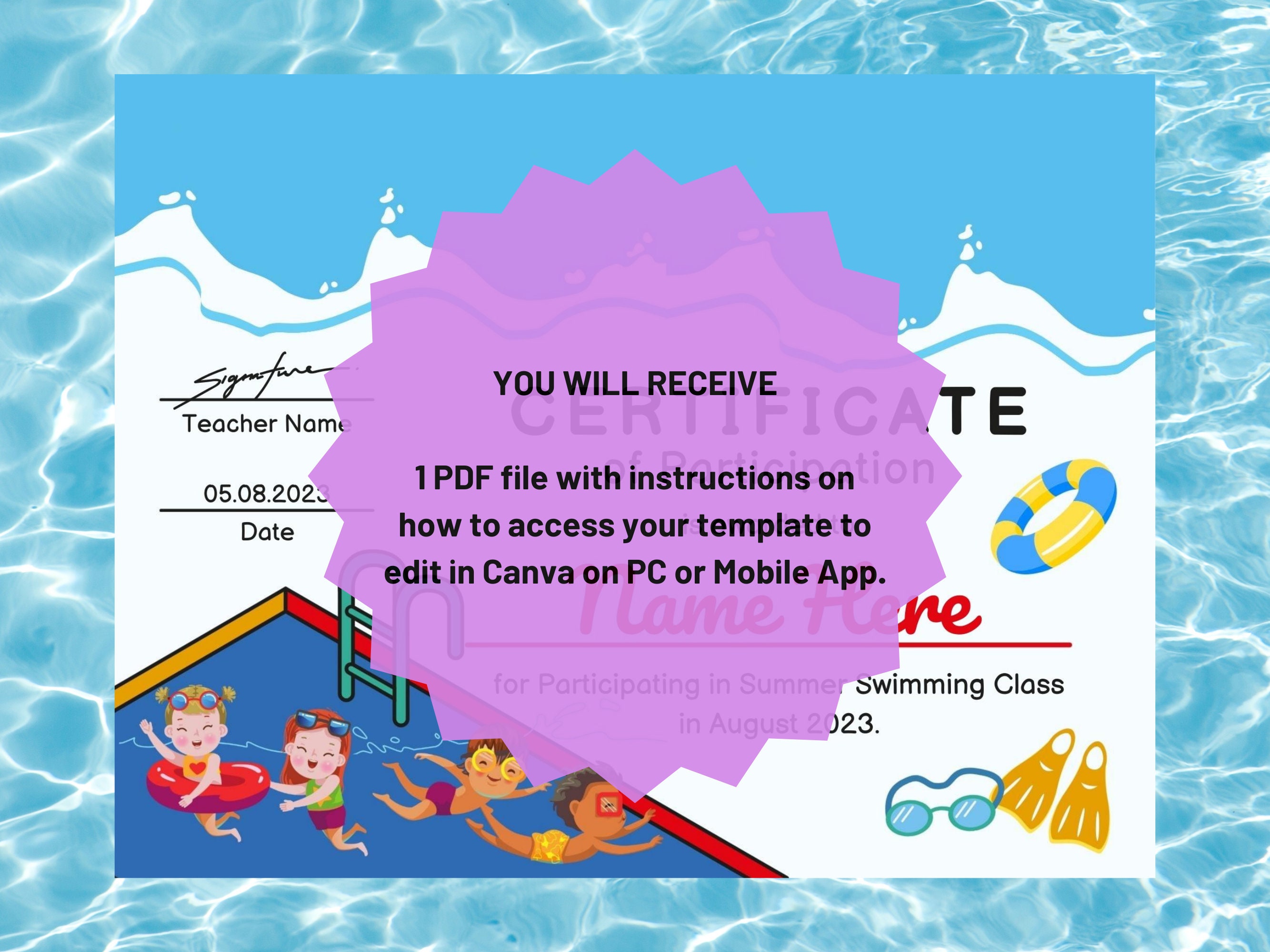 Editable Swimming Certificate Template, Kids Sports Swimming Award ...