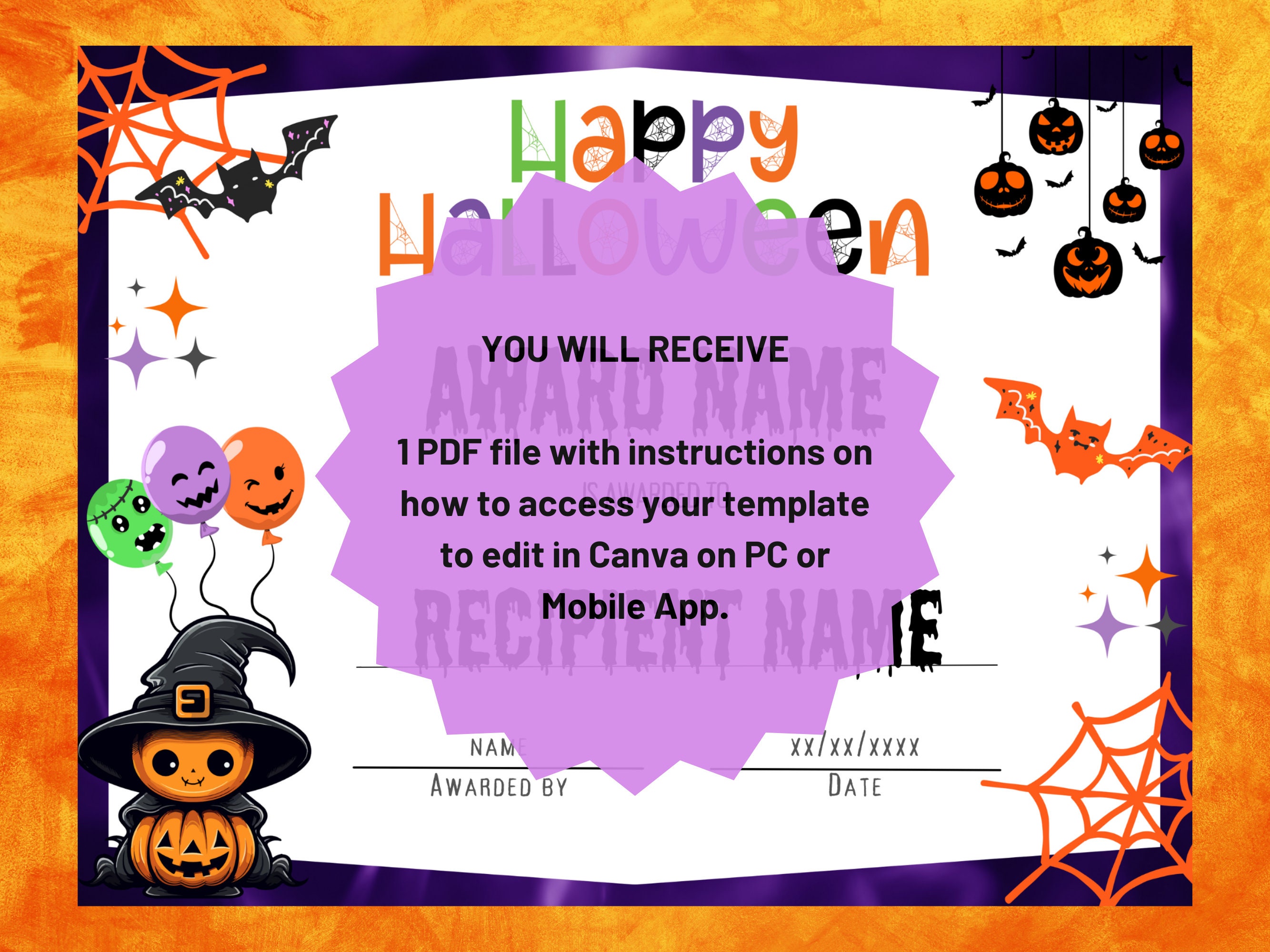 Editable Halloween Costume Award Certificate, Trick or Treat Costume ...