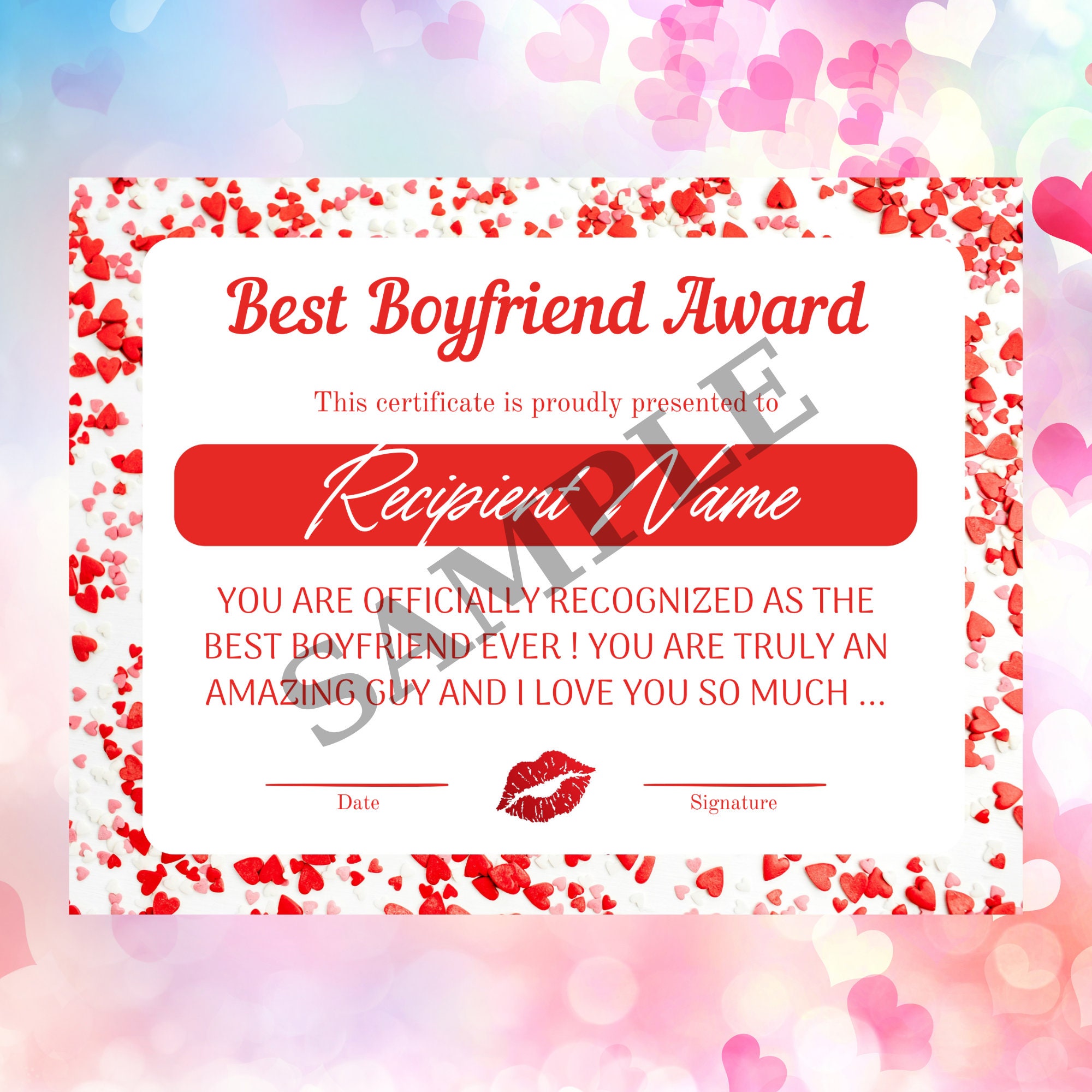 Editable Best Boyfriend Award Certificate Template, Valentines Day Best ...