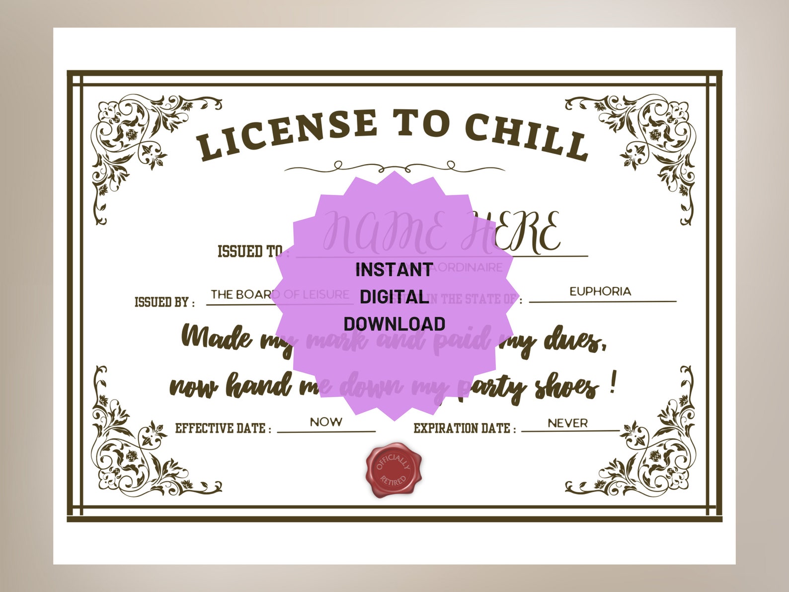 License to Chill Retirement Certificate, Funny Gag Gift (digital ...