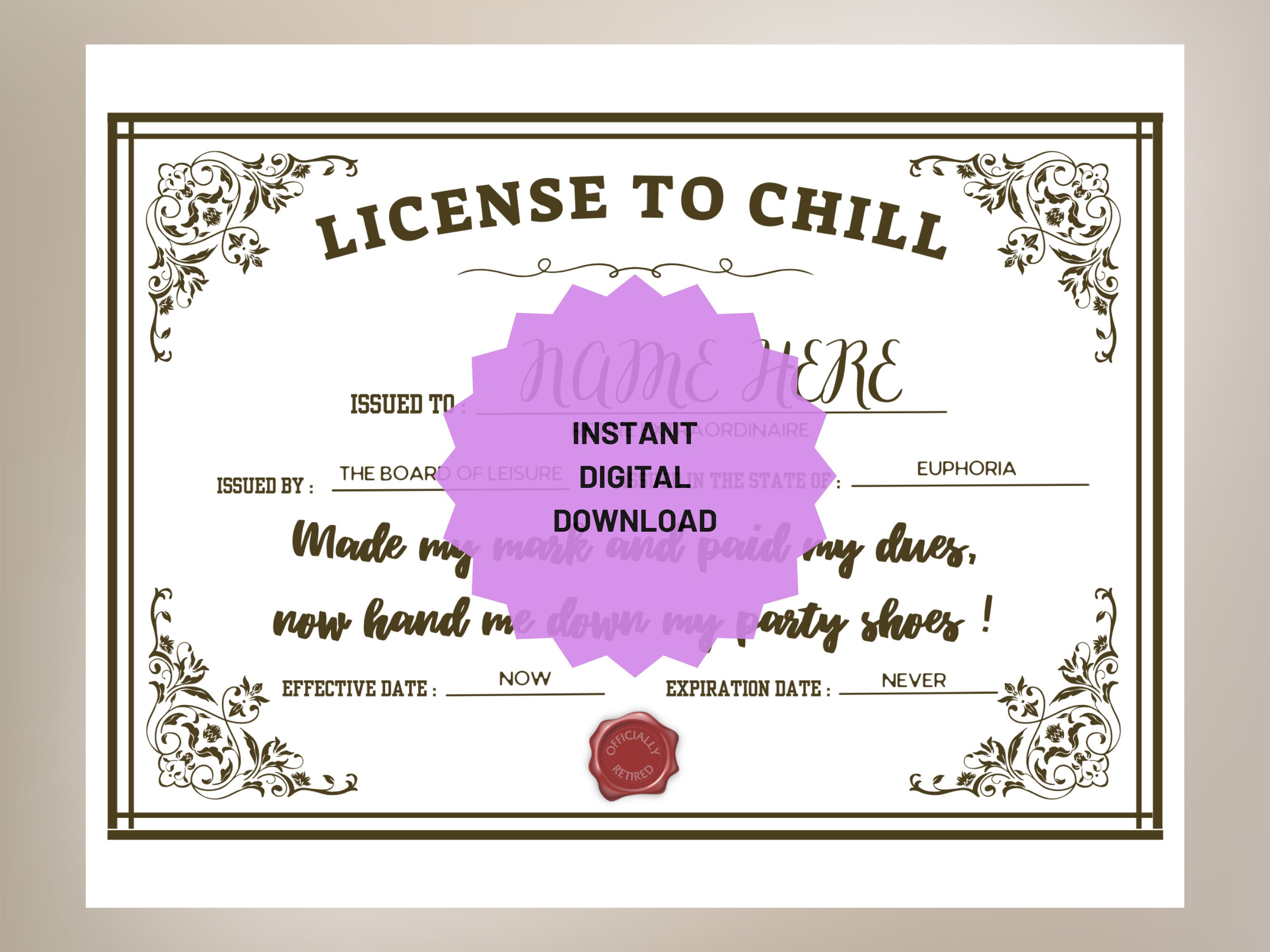 License to Chill Retirement Certificate Editable, Customizable ...